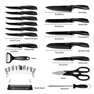 TICWELL Knife Set, 19 Pieces German Stainless Kitchen Knife Block Sets Include Accessories,Black