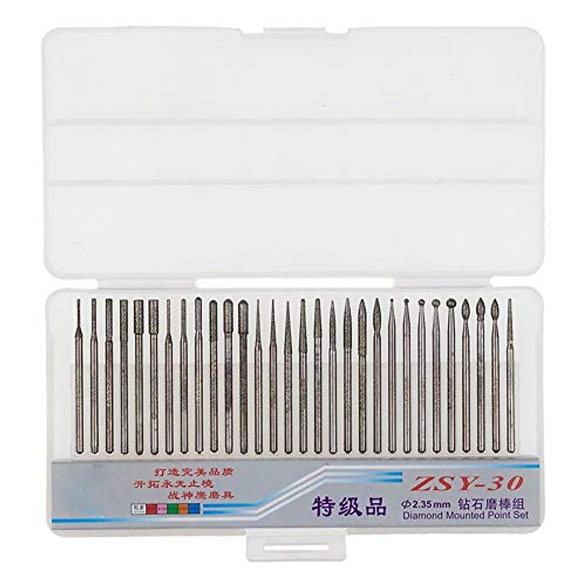 Yakamoz 30Pcs 2.35mm Shank Titanium-Coated Diamond Burrs Set Rotary File Burs Accessories Kit for Rotary Grinder Tools Grinding Polishing Carving Stone Jewelry Glass Ceramics