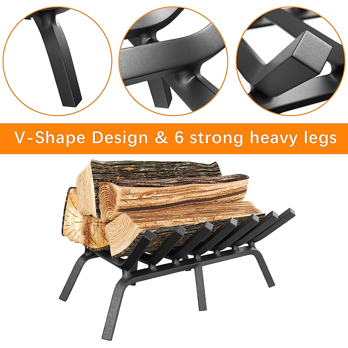 Mr IRONSTONE Fireplace Grate 21 inch Solid Steel Heavy Duty Fireplace Log Grates 3/4" Bar Grates Outdoor/Indoor Wrought Iron Burning Rack Holder