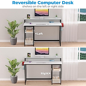 GreenForest 47 inch Computer Desk with Power Outlets, Small Home Office Desk with Ergonomic Monitor Stand, Reversible Gaming Desk, Modern Study Desk, Laptop Desk, White