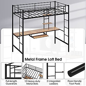 Giantex Twin Loft Bed with Desk and Bookcase, Metal Bunk Bed Frame w/Guardrail & Bilateral Ladder for Kids Teens Adults, Space-Saving Loft Bed with Keyboard Tray, No Box Spring Needed, Black