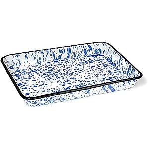Red Co. 11" x 9" Enamelware Metal Classic 2 Quart Rectangular Serving Tray, Navy Blue Marble/Black Rim - Splatter Design