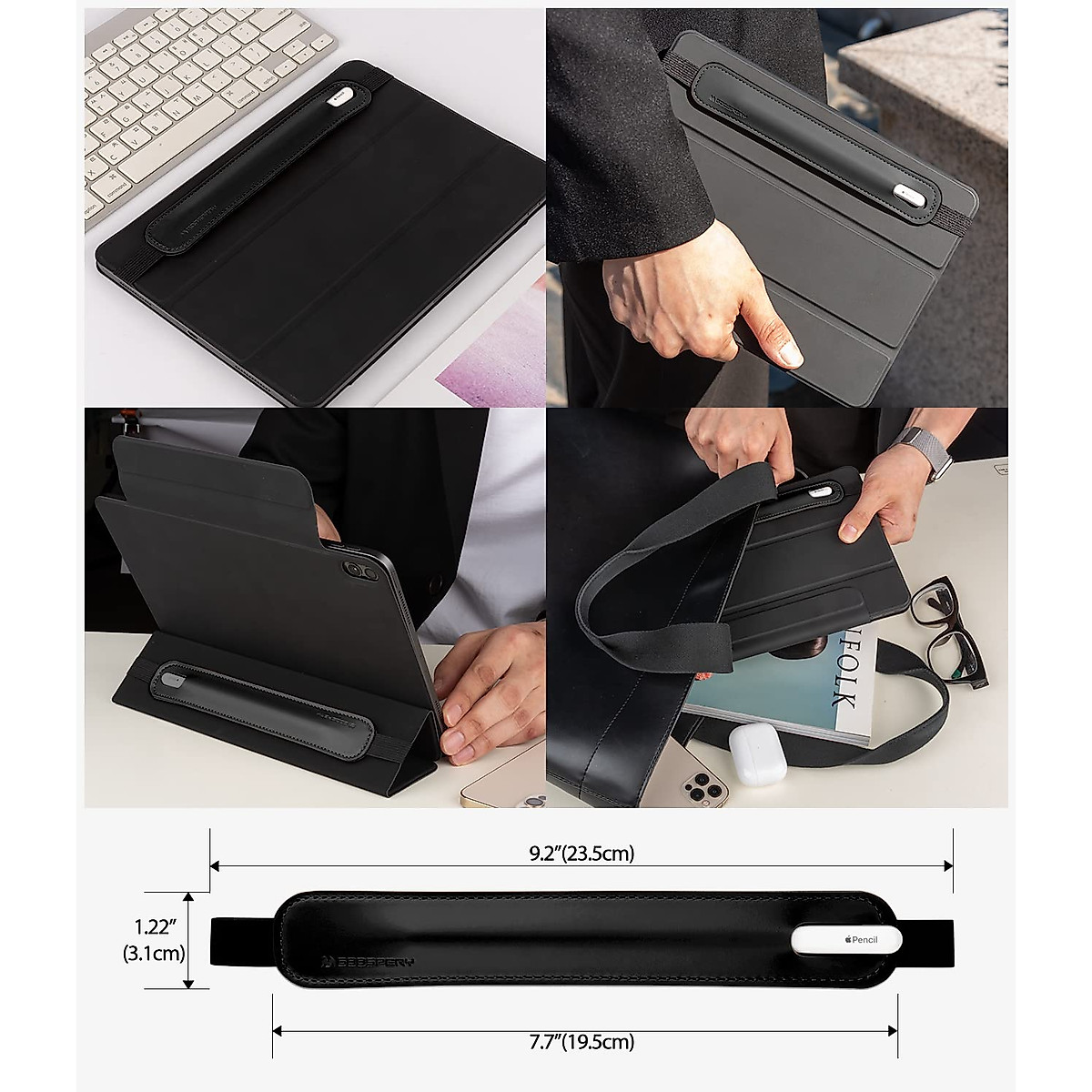 Goospery Pencil Holder Compatible with Apple Pencil (1st & 2nd Generation) Sling Sleeve PU Leather Pouch Case Pocket Accessories Elastic Band Fit iPad 8th 7th Mini 5th/Notebook/Tablets - Black