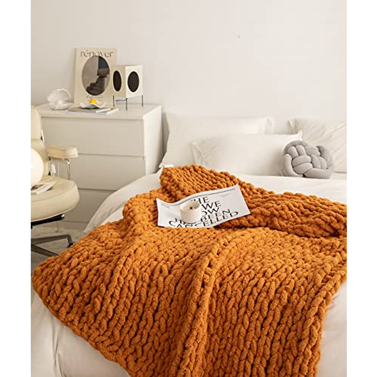 Chunky Knit Blanket Soft Chenille Yarn Knitted Throw Blanket 50"X60" Handmade Cable Warm Thick Giant Blanket for Couch Bed Trips (Burnt Orange, Throw 50“x60”)