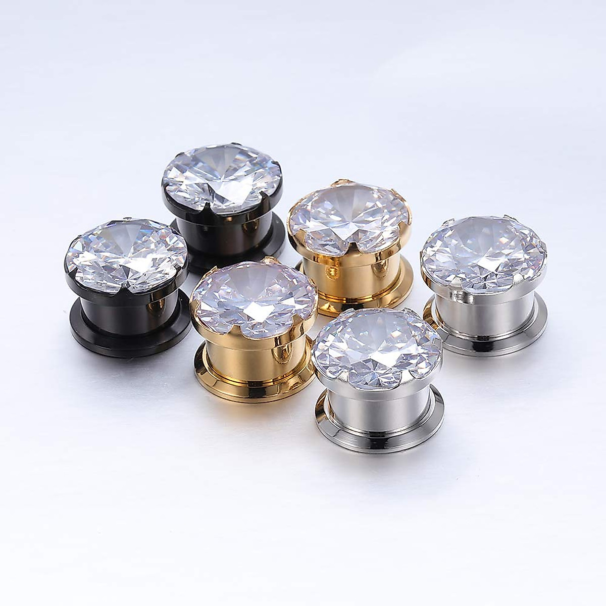 ZS Gorgeous Cubic Zirconia Tunnels Plugs 316L Stainless Steel Screw Tunnels Ear Expander Stretcher Piercing Ear Gauges Black Tunnel Gauges (Silver, 0g(8mm))