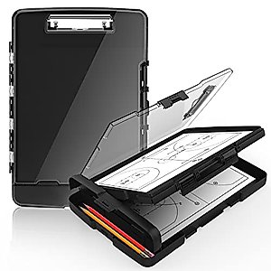 Sooez Clearview Clipboard with 2 Storage, Heavy Duty Clip Boards 8.5x11 with Storage, Dry Erase Coach Clipboard with Pen Holder & Real Hinge, High Capacity Plastic Clipboard Case with Low Profile Clip