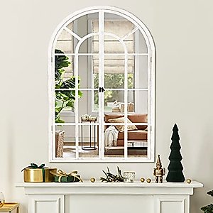 Natsukage 36"x24"Arched Mirror Wall Window Mirror Farmhouse Decorative Mirror for Wall Wood Windowpane Mirror Wall Decor for Living Room,Bathroom Vanity,Entryway,White