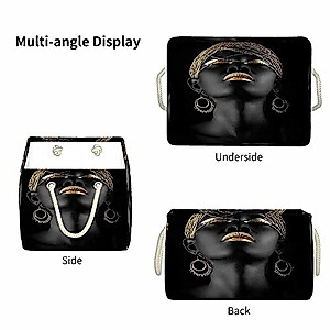 WONDERTIFY African American Woman Storage Bin Afro Girl Decorative Foldable Storage Baskets Cubes Organizer for Shelf Closet Bedroom Gold Black