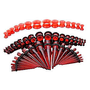 CABBE KALLO 50pcs Ear Stretching Kit Silicone Tunnels Acrylic Tapers & Plugs 14G-00G Gauges Set Expanders for Women Men Body Piercing Jewelry, Red