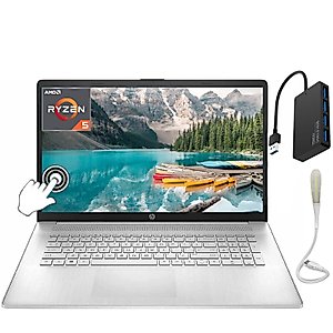 HP 17.3" Touchscreen HD+ Laptop, AMD 6-Core Ryzen 5 5500U, 16GB RAM 512GB SSD+1TB HDD, Wi-Fi, Bluetooth 5.0, Numeric Keypad, Windows 10 Home, Silver, Bundle with TSBEAU 4-Port USB Hub + USB LED Light
