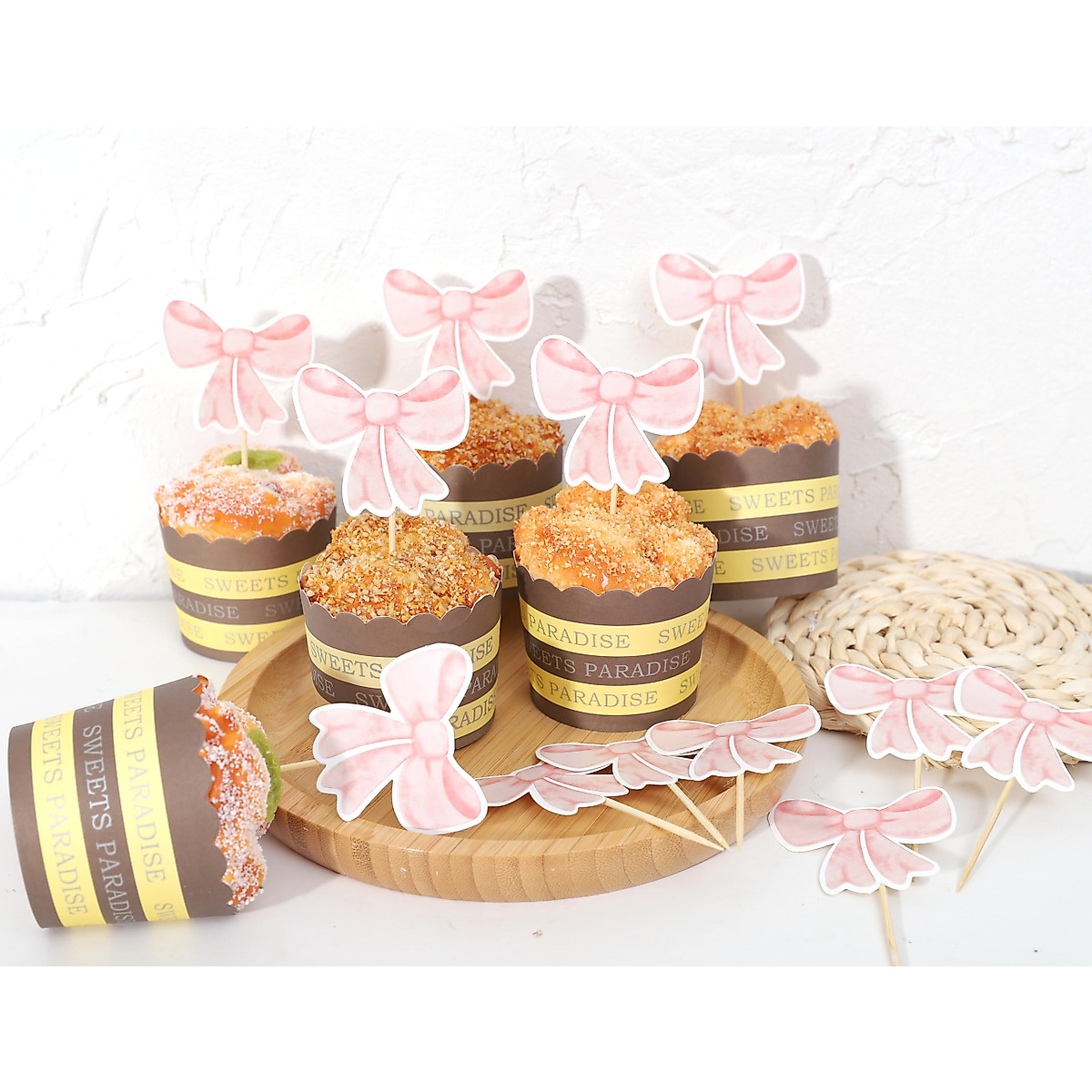 12Pcs Pink Bow Cupcake Toppers - Girls Birthday Party Decorations,Bow Tie Birthday Cupcake Toppers,Bachelorette Wedding Party Decorations,Pink Bow Girl Cake Smash Photo Props