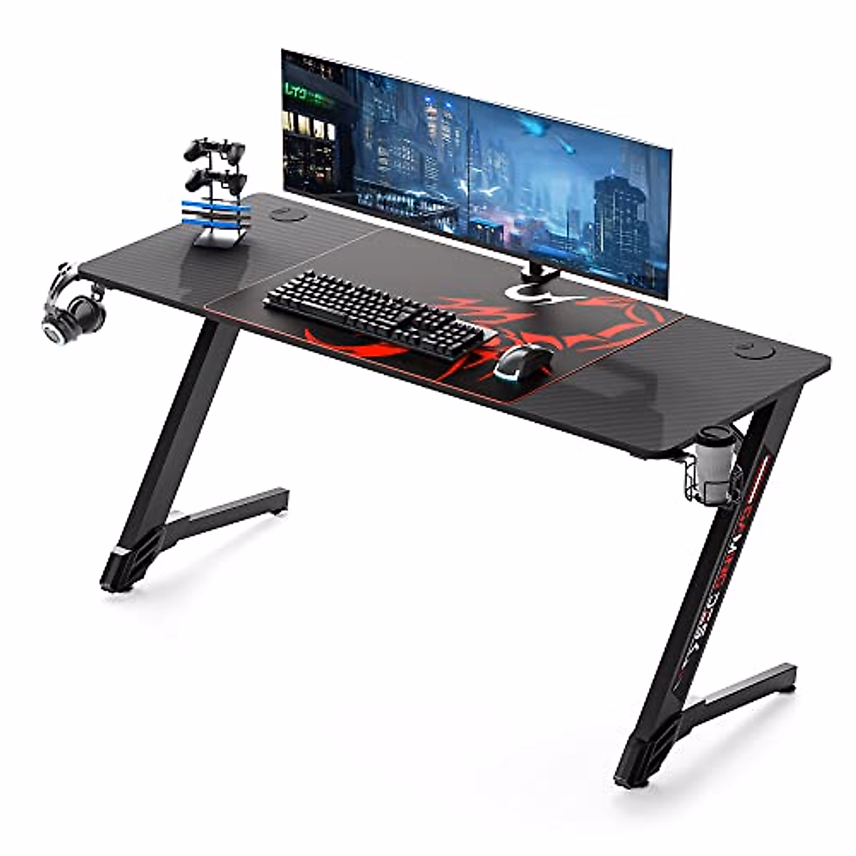 Eureka Ergonomic Gaming Desk 60 inch, Z-Shaped Carbon Fiber Surface Desktop Home Office PC Computer Desk with Mouse Pad, Ergonomic Large Gamer Table with Cup Holder and Headphone Hook for Gaming Room