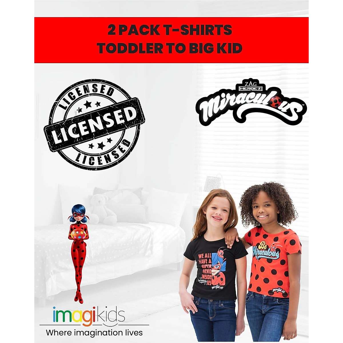 Miraculous Ladybug Little Girls 2 Pack T-Shirts Polka Dots Black/Red 5