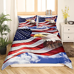 Erosebridal American Flag Bedding Set Bald Eagle Duvet Cover Patriot United States Flag Comforter Cover for Kids Teen Boys Independence Fourth of July Theme Quilt Cover with 2 Pillow Cases Queen Size