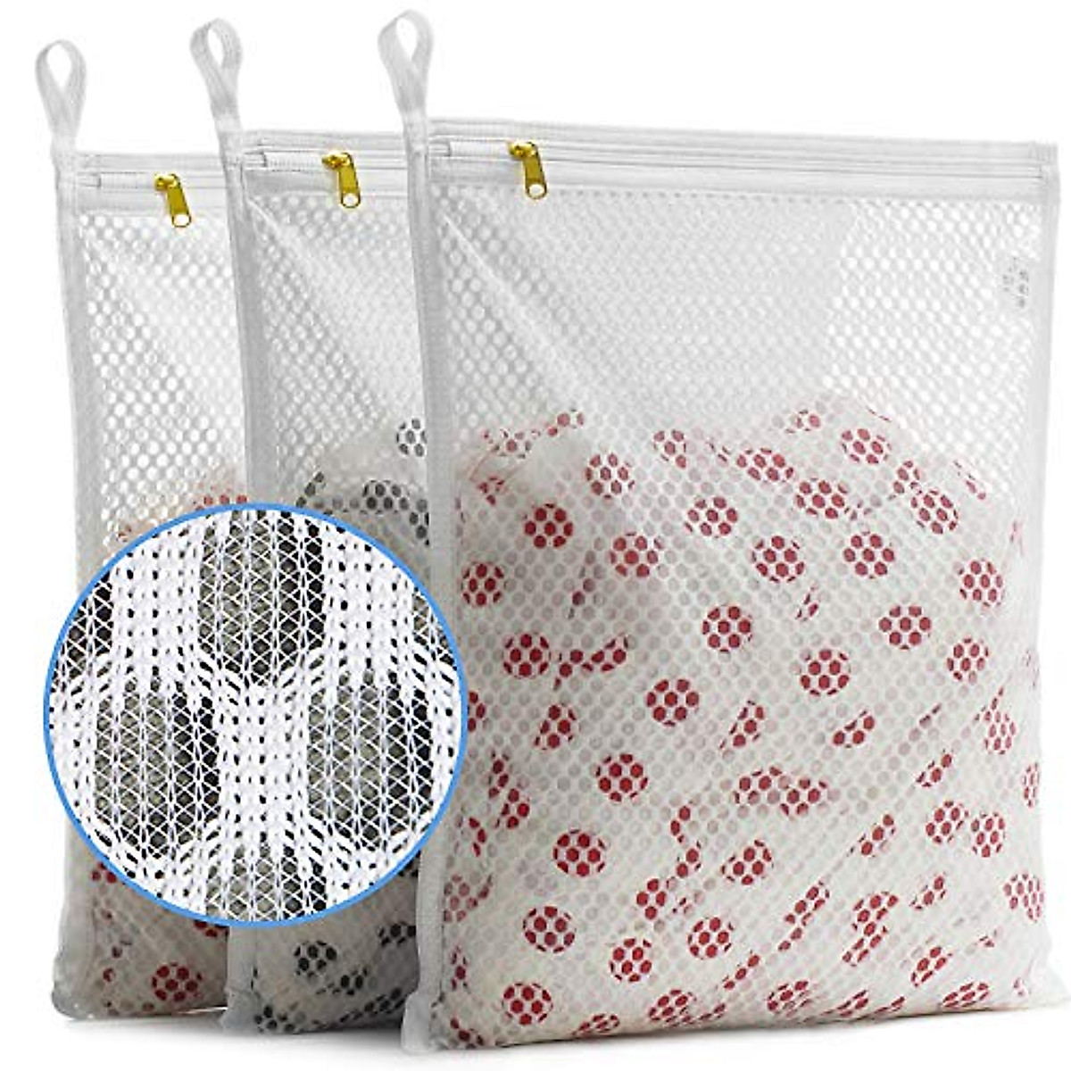 TENRAI Set of 3 Delicates Honeycomb Mesh Laundry Bags, with YKK Zipper, Hanging Ring, Lingerie, Hosiery, Gloves, Socks, Bra Mesh Wash Bags(3 Medium)