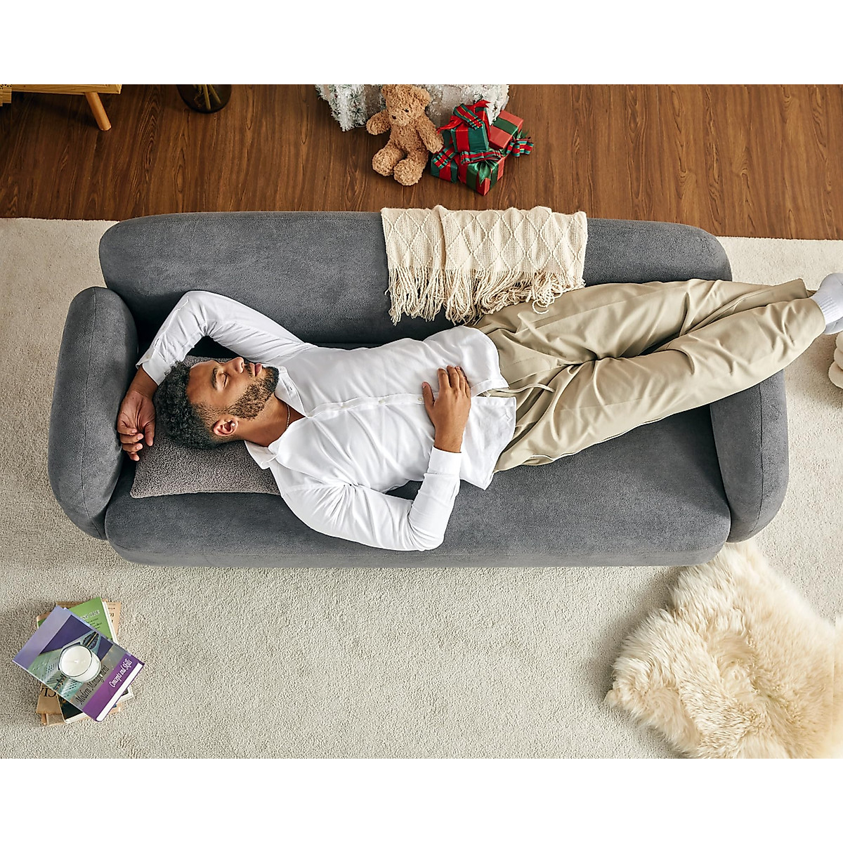 PaPaJet 3 Seater Sofa, Modern Couch with Soft Boucle Upholstered, Comfy Cloud Sofa Couch for Living Room Home Office Sherpa Grey Curved Couch