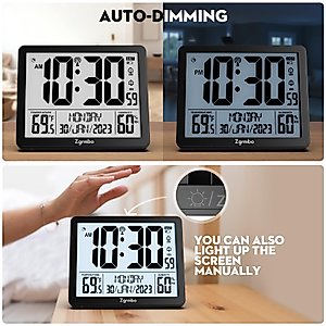 Zgrmbo Night Light Atomic Clock, Battery Operated Digital Clock, Alarm Clock for Bedrooms, Desk Clock with Indoor Temp, Humidity, Date, Accurate Atomic Clock(7 Time Zone) for Bedroom, Travel