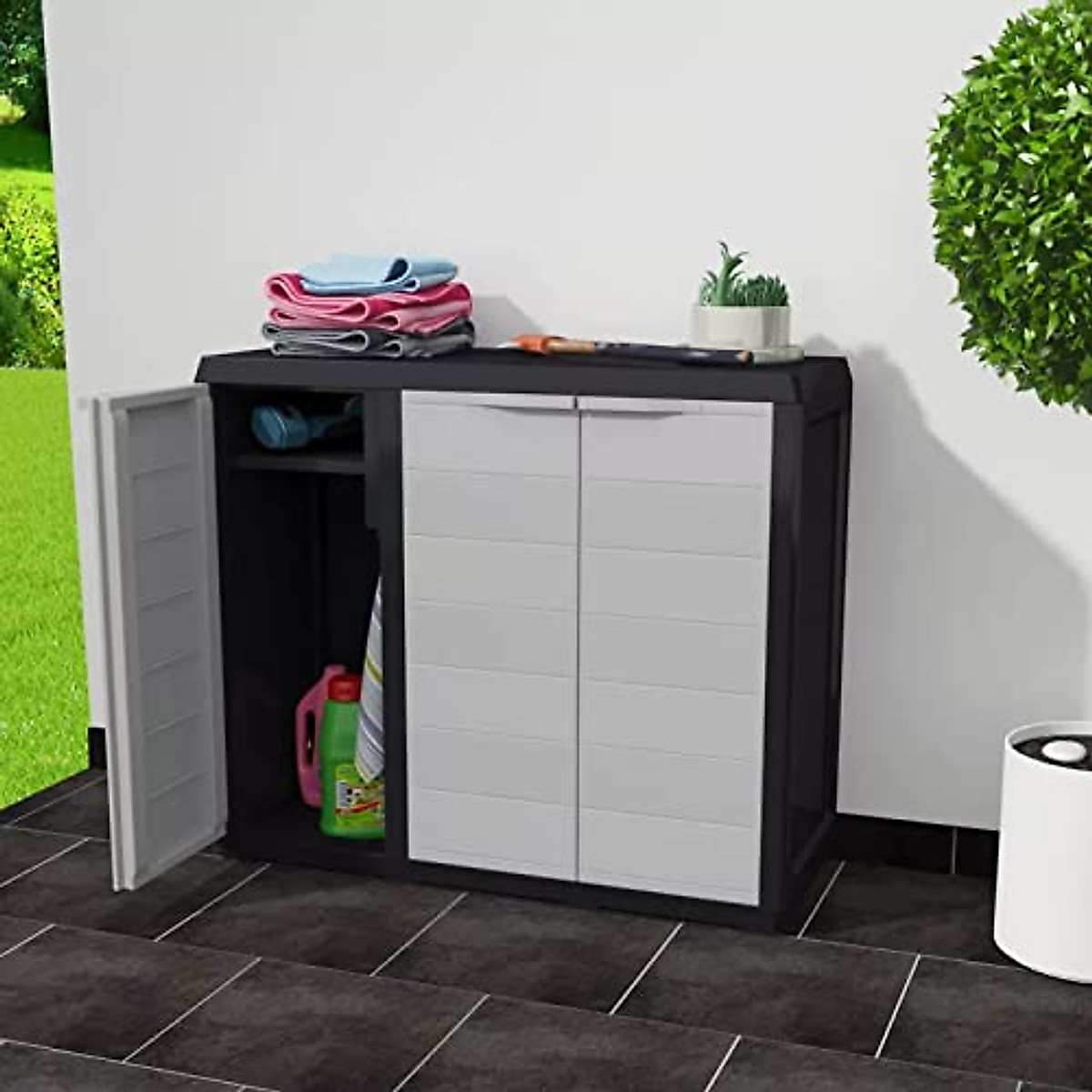 GOTOTOP Outdoor Garden Storage Shed,Low Garden Cabinet, Outdoor Cabinet with 2 Adjustable Shelves, Plastic Garden Storage Cabinet,97 x 38 x 87 cm