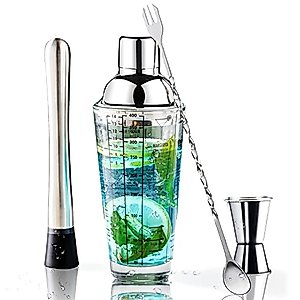 4 Pcs Glass Cocktail Shaker, 14 oz Martini Glass Shaker Cup, with Measuring Jigger Mixing Spoon Muddler,for Kitchens, Bars, Coffee Shops, Hotels, Clubs, Can Make Cocktails, juices ETE.