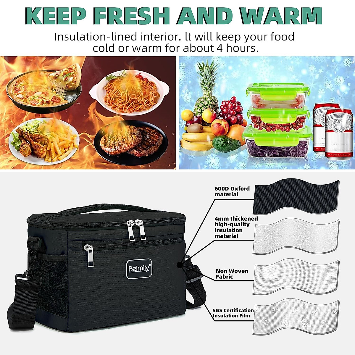 BEIMILY Lunch Box for Men/Women,Lunch Bag,Small Insulated Lunch Soft Cooler Bag Tote,Small Lunch Bag for Work,Adult Lunch Box,Reusable Leakproof Lunch Bag with Adjustable Shoulder Strap(Black)