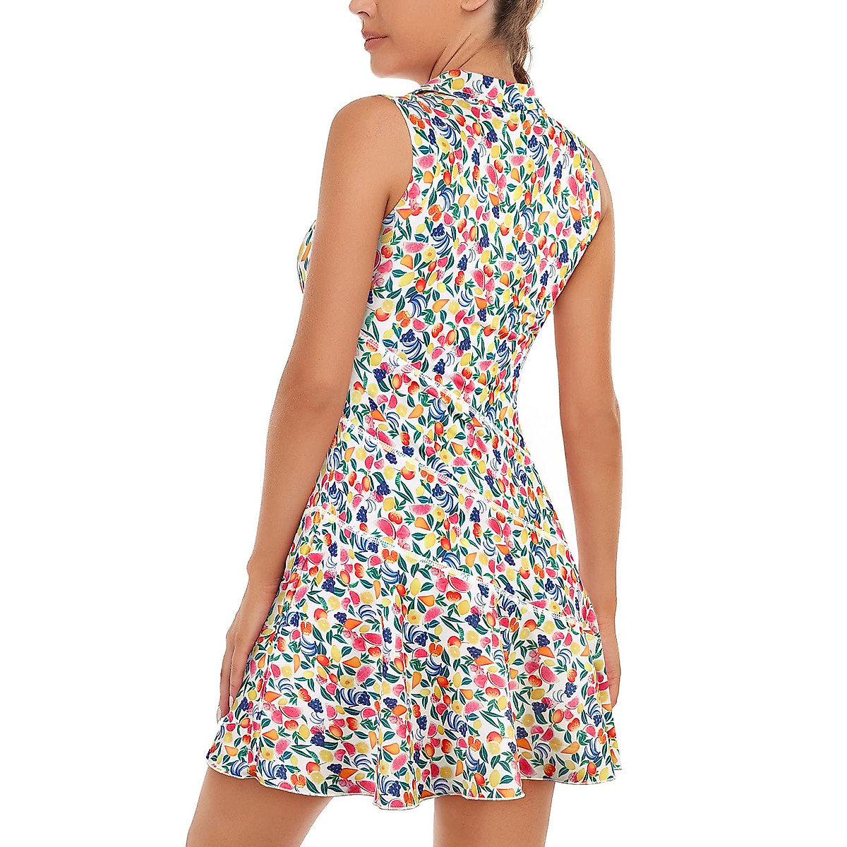 Misyula Tennis Dresses for Women,Athletic Dress with Shorts 2Pockets Zip Up Polo Sleeveless Golf Workout Dress Multi-Fruit Small