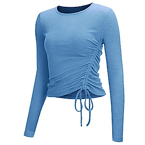 Yoga Tops for Women Ruched Long Sleeve(Blue,S)