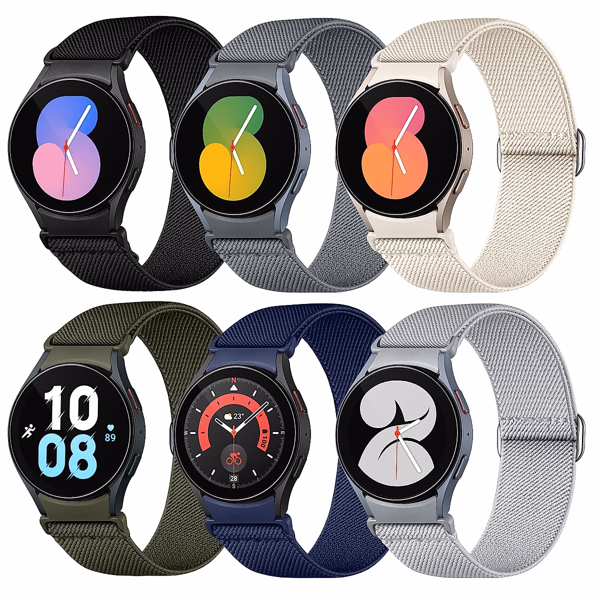 6 Pack No Gap Watch Bands Compatible with Samsung Galaxy Watch 6 5 4 40mm 44mm, 5 Pro 45mm Band, 4 Classic 42mm 46mm, Sport Elastic Nylon Stretchy Strap for Women Men