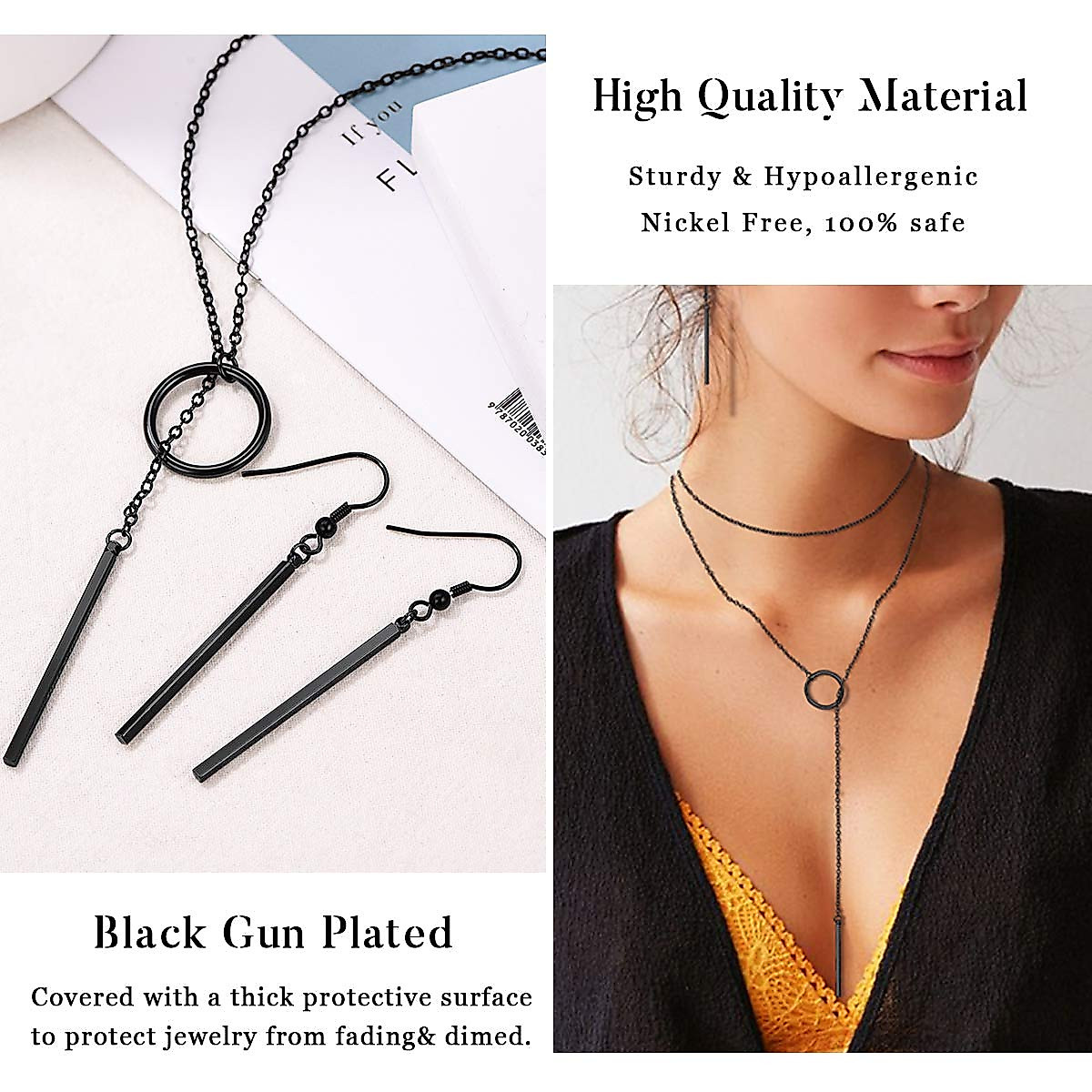 FOCALOOK Black Necklace Earrings Set for Women Long Black Lariat Chain with Drop Vertical Bar Earrings Jewelry Set