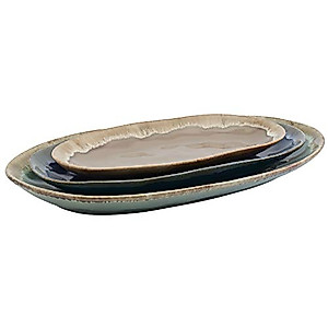Tabletops Gallery Tuscan Reactive Glaze Stoneware- Platter Serving Bowl Mixing Bowl Mug, Tuscan 3 Piece Oval Serving Platter Set (Blue, Green, and Brown)