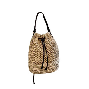 WIGUYUN Women Straw Drawstring Bucket Purse Small Tote Shoulder Handbag Hollow Out Cross-body Bag for Summer,Beach Beige