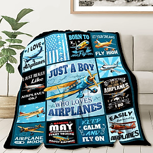 MYSTCOVER Airplane Blanket for Kids Adults Just A Boy Who Loves Planes Blanket Warm Plush Fleece Planes Throw for Bed Sofa Office Decor Boy Birthday Gifts Ideas 50"x60"-M