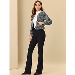 Allegra K Women's Christmas Plaid Tweed Blazer Long Sleeve Open Front Work Office Short Jacket Medium Black