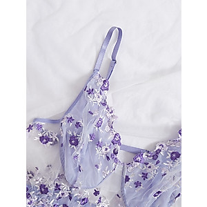WDIRARA Women's Plus Size Floral Embroidered Mesh Lingerie Babydoll Dress with Panty Lilac Purple 3XL