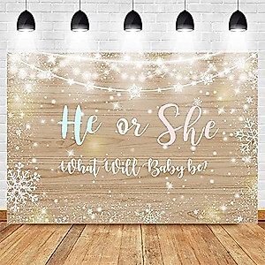 Avezano Winter Gender Reveal Backdrop, 7x5ft Vinyl Rustic Wood Snowflake Gender Reveal Party Decorations Twinkle Lights Gender Reveal Banner Photography Background