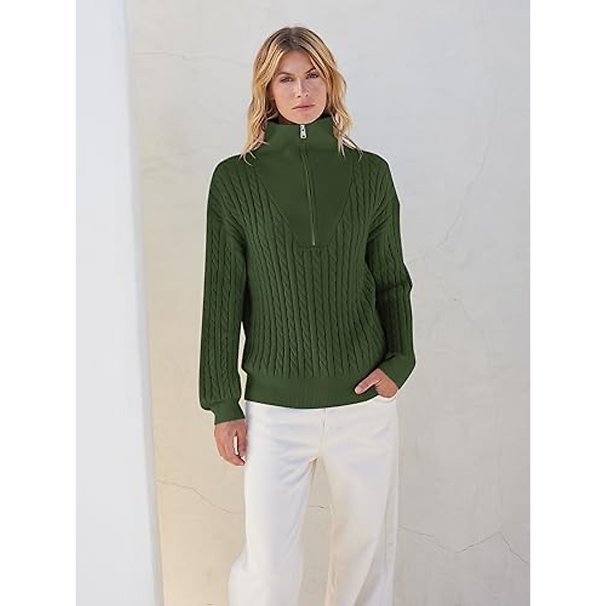 MEROKEETY Women's 2023 Long Sleeve 1/4 Zipper Sweaters V Neck Cable Knit Pullover Tops Army Green Medium