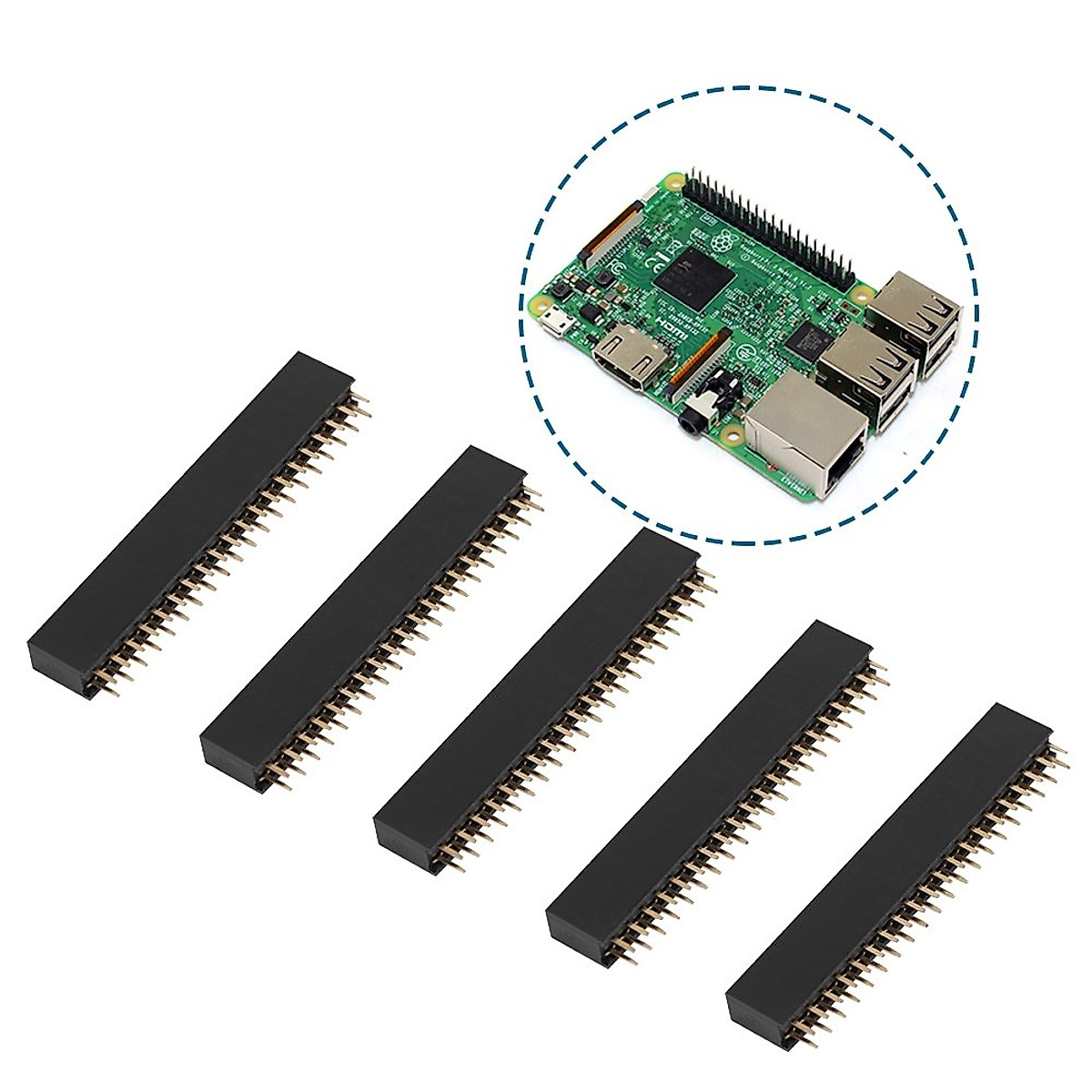 5Pcs Female Pin Headers, 2x20 Pins 2.54m Dual Row Short Pin Headers Connector, PCB Board Pin Header Strip for Raspberry Pi