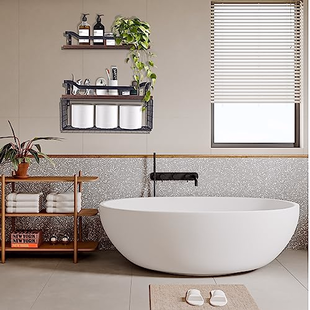 Floating Shelves for Wall Mounted, Wood Bathroom Shelves Over Toilet with Basket Set of 2, Bathroom Wall Décor Shelves, Decorative Storage Shelves for Bedroom, Living Room, Kitchen, Plants –Dark Brown