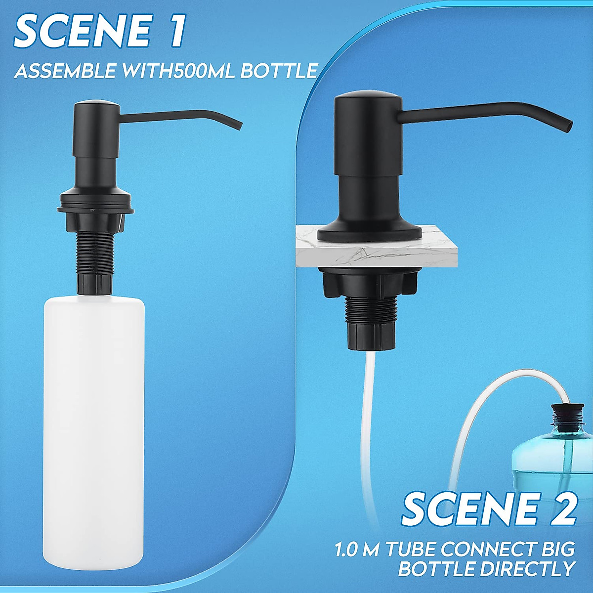 CREA Dish Soap Dispenser for Kitchen Sink,Built in Countertop Kitchen Soap Dispenser Set w./ 39" Tube 17oz Bottle Stainless Steel Pump,Matte Black Hand Soap Dispenser for Bathroom