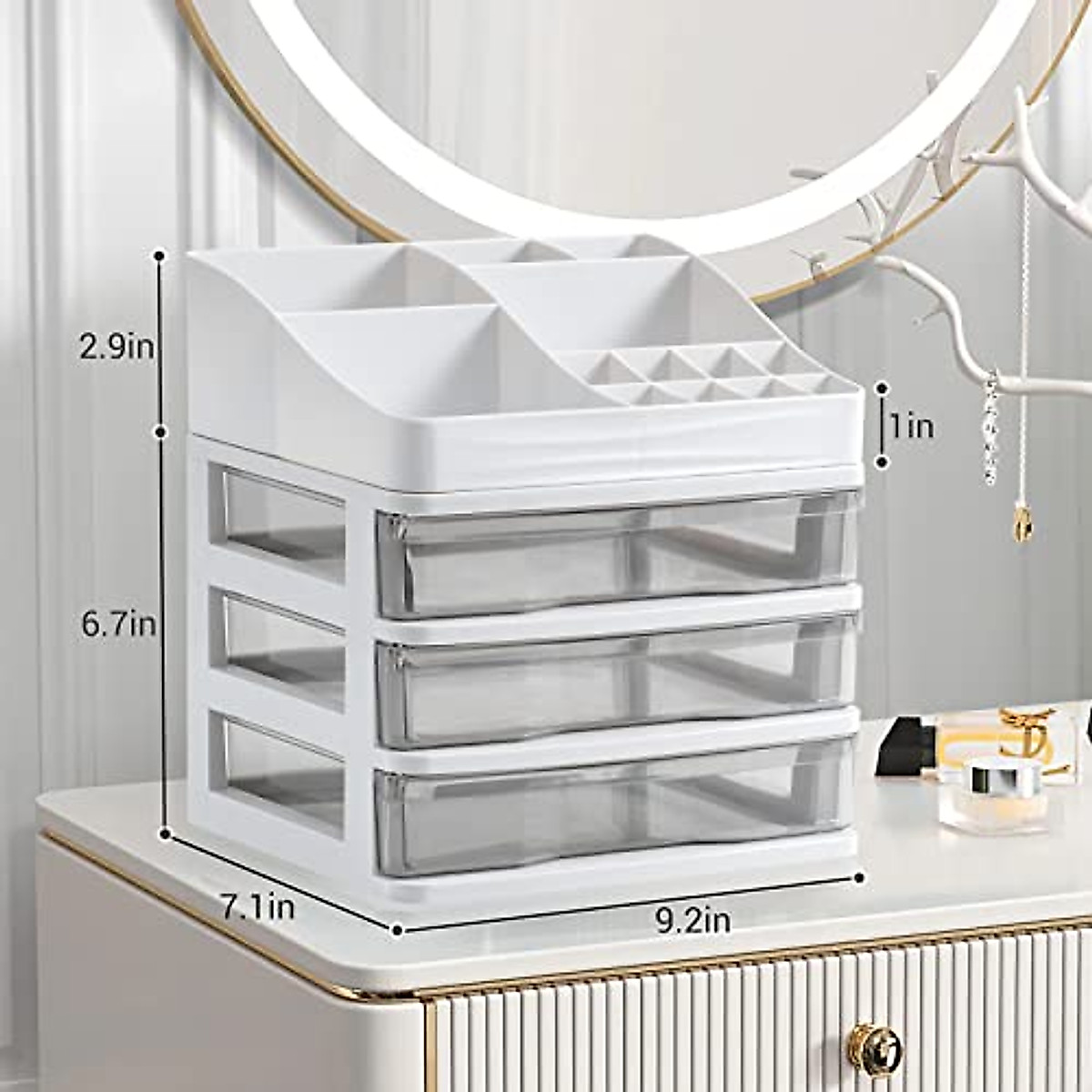 ELUCHANG Cosmetics Makeup Organizer Storage: 9.6" Detach Make Up Organizers and Storage with Clear Drawers Large Skincare Organizers for Vanity Countertop Dresser Bedroom Bathroom Desk