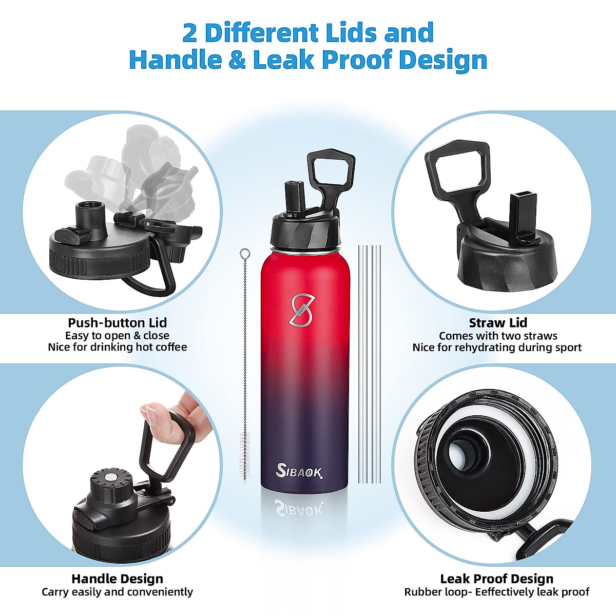 40 oz Water Bottles, Sibaok Stainless Steel Insulated Water Bottle with Straw, Handle & 2 Lids- Double Wall Vacuum Leak Proof Sport Water Bottles, Keep Water Cold and Hot, Thermos Jug Canteen