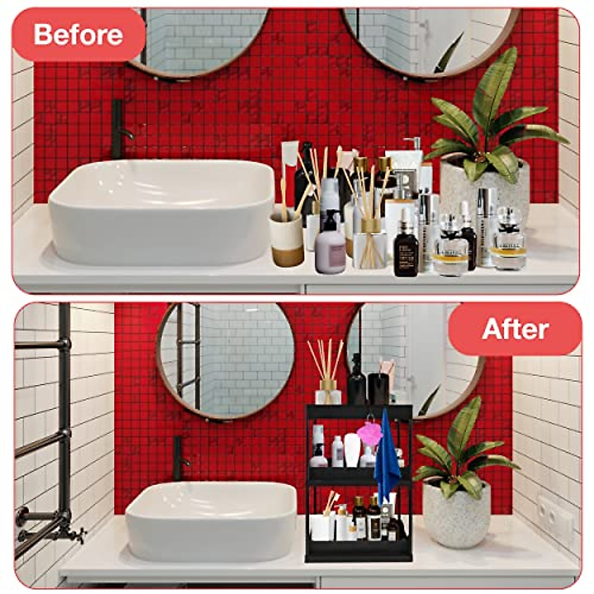 Solesoul 3-Tier Under Sink Organizers and Storage Unit - Bathroom and Kitchen Sink Organizers with 4 Hooks - Multi-Purpose Cabinet Organizer Shelf with Sliding Drawers - Black- White- Gray (Black)