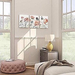 Slody Pink Wall Art Floral Peony Decor Butterfly Art Blossom Flower Painting Botanical Canvas Prints Framed Nature Poster Spring Plant Artwork for Rustic Bathroom Bedroom Living Room 12×16 Inch, 3 Piece