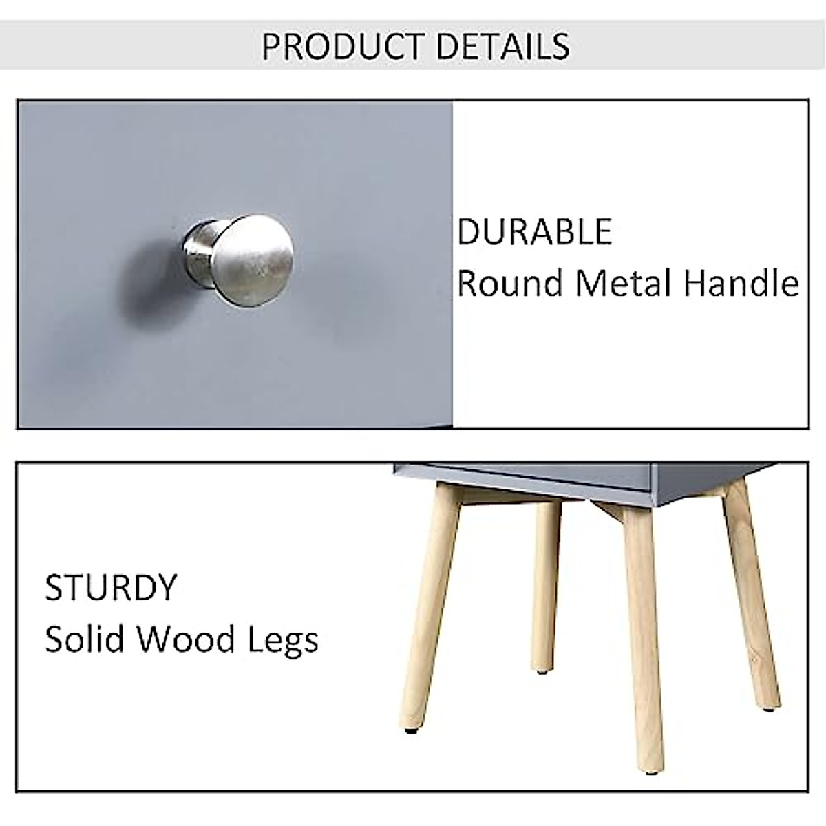 Mid Century Modern Nightstand with 2 Drawers, Gray Side Table with Storage, Small End Table for Bedroom, Living Room