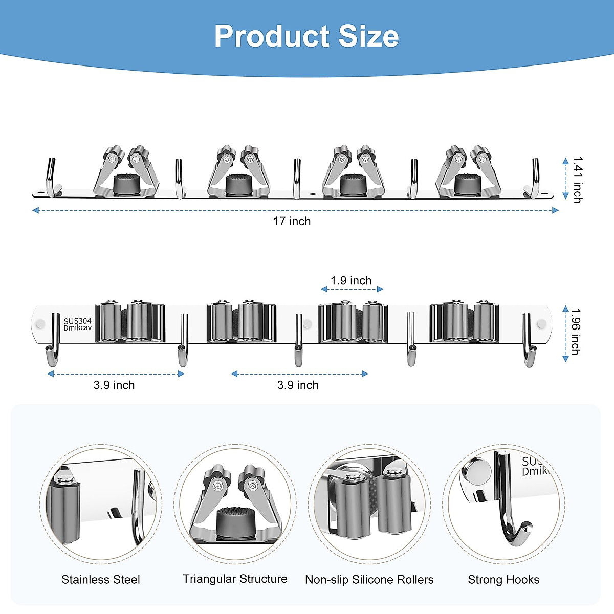 Dmikcav Mop and Broom Holder Wall Mounted, 4 Racks and 5 Hooks Broom, Upgraded Stainless Steel Broom Holder Self Adhesive, Broom Organizer, Tools Organizer for Home Kitchen bathroom Garden balcony