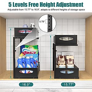 Housolution 2 Pack Under Sink Organizer, 2 Tier Metal Pull Out Under Sink Storage with Sliding Mesh Drawers, Height Adjustable Slide Out Under Sink Organizer for Kitchen Bathroom Cabinet, Black