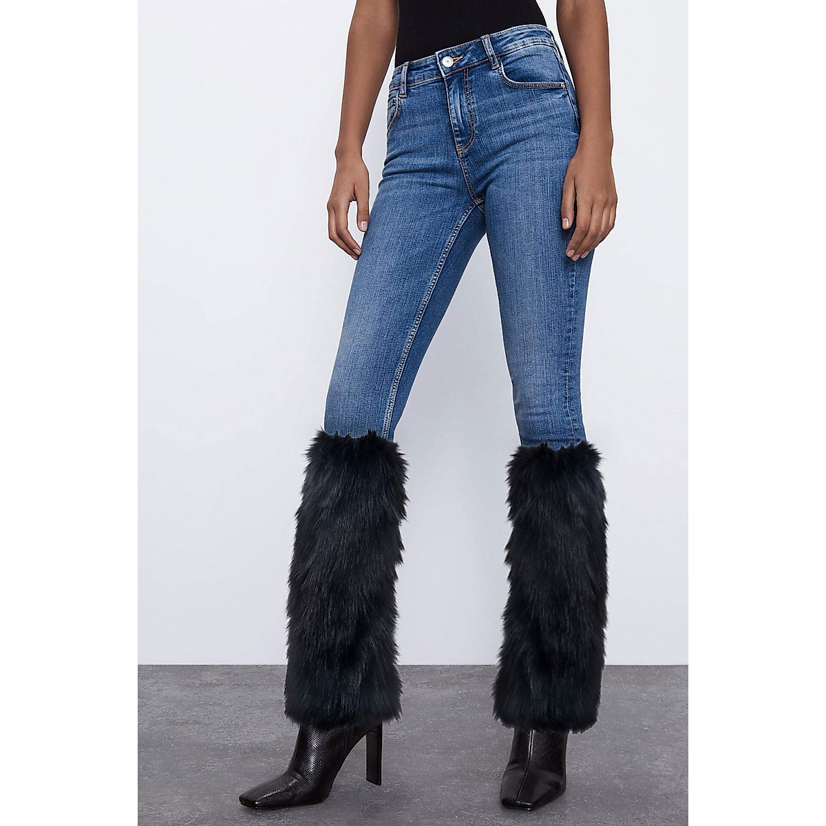 Zecmos womens Leg Warmers Faux Fur Fuzzy Long Cuff Cover Warm Furry Costume Shoes, Black, Medium