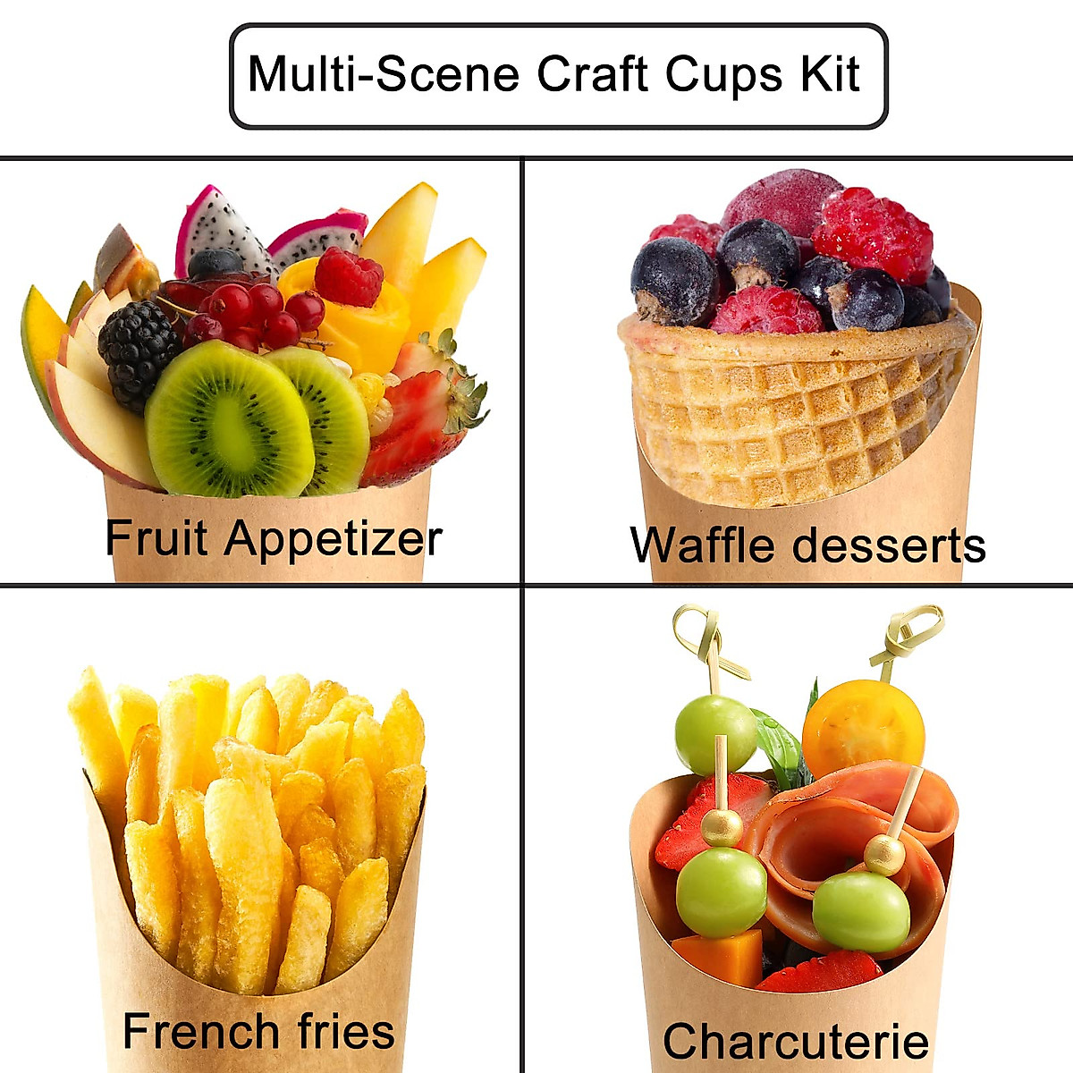 60 Sets Disposable Charcuterie Cups with Sticks and Bags, 14 oz Brown Kraft Paper Snack Boxes Appetizers Cup French Fry Holder with Cocktail Skewers Toothpicks Tooth Picks(60 Cups+60 Bags+200 Sticks)