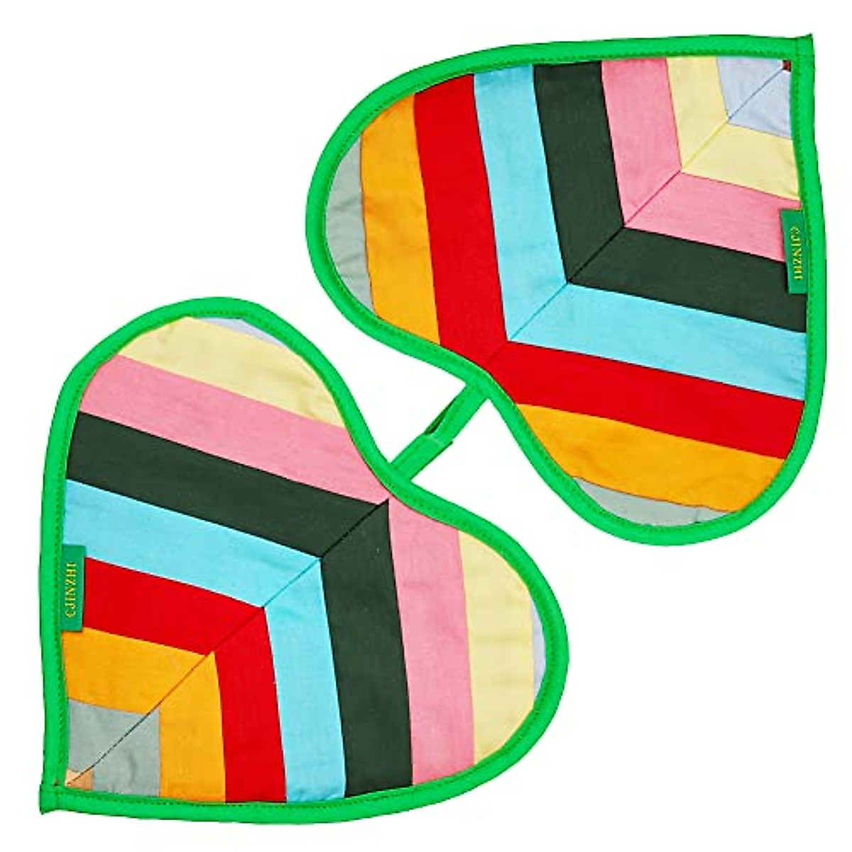CJINZHI Pot Holders for Kitchen, 2pcs Fabric Patchwork Mats 100% Cotton Heat Resistant Pads with Hanging Loop Loves Shaped Colored Stripe Pattern for BBQ/Cooking/Baking/Grilling/Microwave/Barbecue.