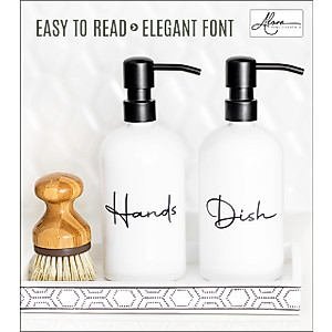 Alora Hand Soap Dispenser and Liquid Dish Soap Dispenser for Kitchen Sink - Set of 2 - Black Metal Pumps - Reusable Plastic Bottle with Easy to Read Lettering - Countertop Replacement Refill