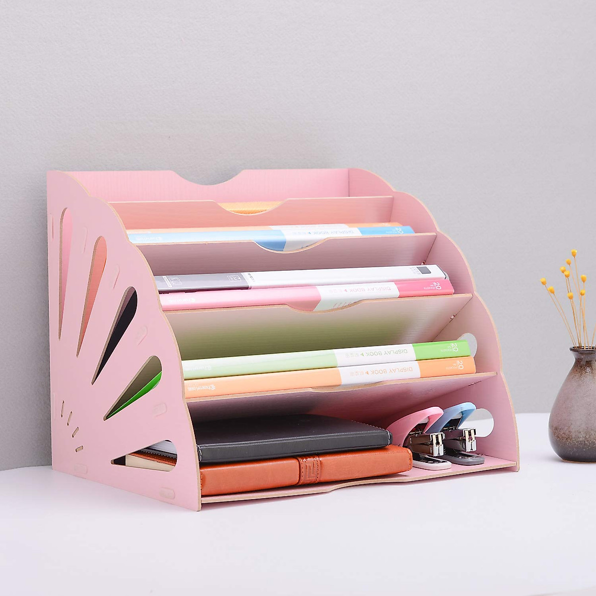 File Folder Holder Wood Organizer 5 Compartment, File Sorter Wood Buckle Design Desktop Fan-Shaped Mail Letter Document Magazine File Assembly Divider DIY Office Tabletop Storage Box (Pink)